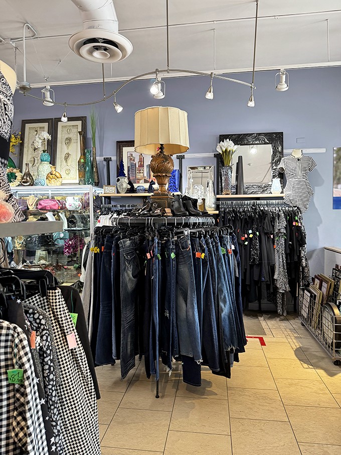 Denim paradise awaits! This circular rack of jeans might contain your next favorite pair, nestled between vintage treasures and modern castoffs.