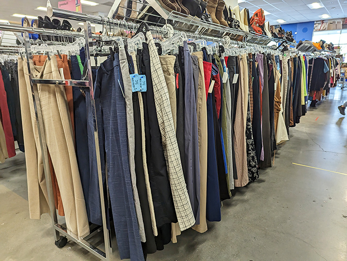 The pants section – where trousers of every pattern and persuasion wait for someone to say, "Where have you been all my life?"