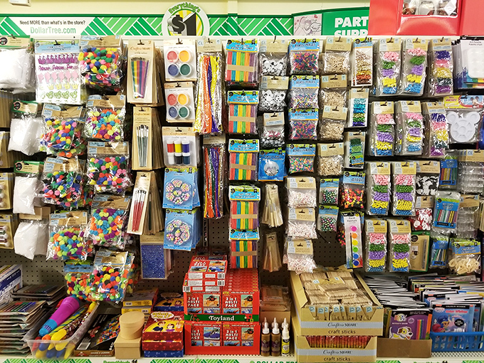 Craft paradise! A rainbow explosion of beads, pom-poms, and creative supplies that would make Martha Stewart do a double-take.