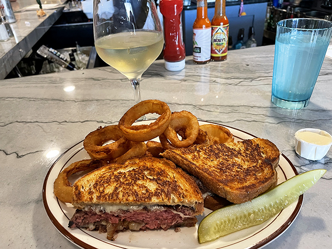 The patty melt&mdash;that perfect marriage of beef, bread, and cheese&mdash;served with onion rings that could double as delicious golden halos. Diet plans, consider yourselves postponed. 