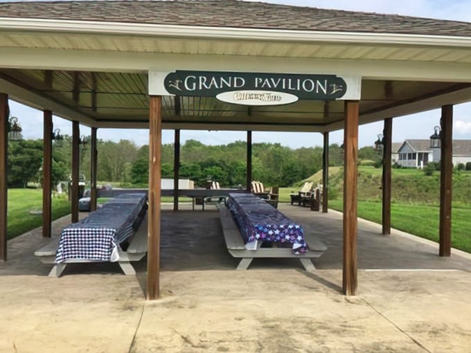 The "Grand Pavilion" lives up to its name. This covered gathering space transforms ordinary Tuesday potlucks into events worth marking on the calendar.