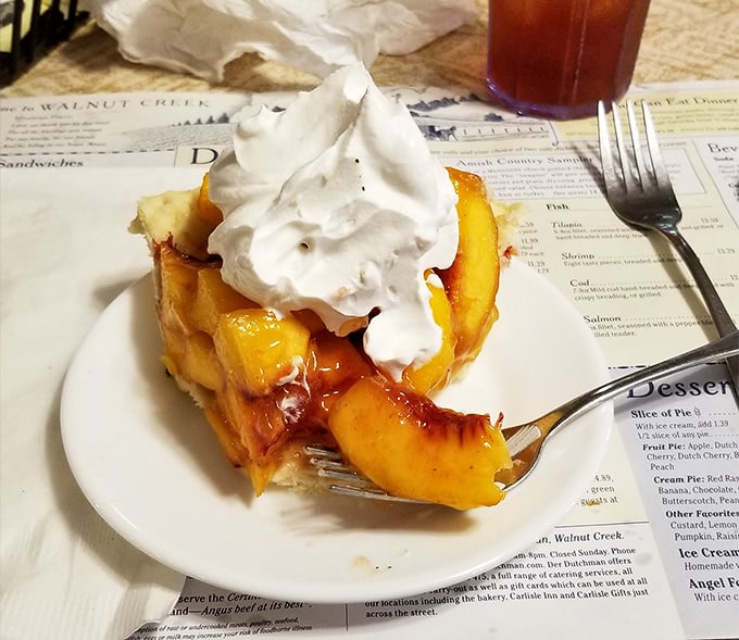 Peach pie that makes time stand still &ndash; juicy fruit nestled in flaky crust with a cloud of whipped cream that doesn't so much melt as surrender to the warm filling.
