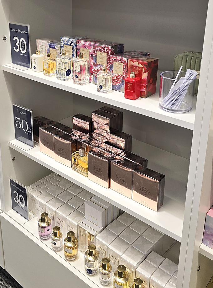 Perfume paradise where you can smell expensive without paying full price. These fragrance shelves are the olfactory equivalent of hitting the jackpot.