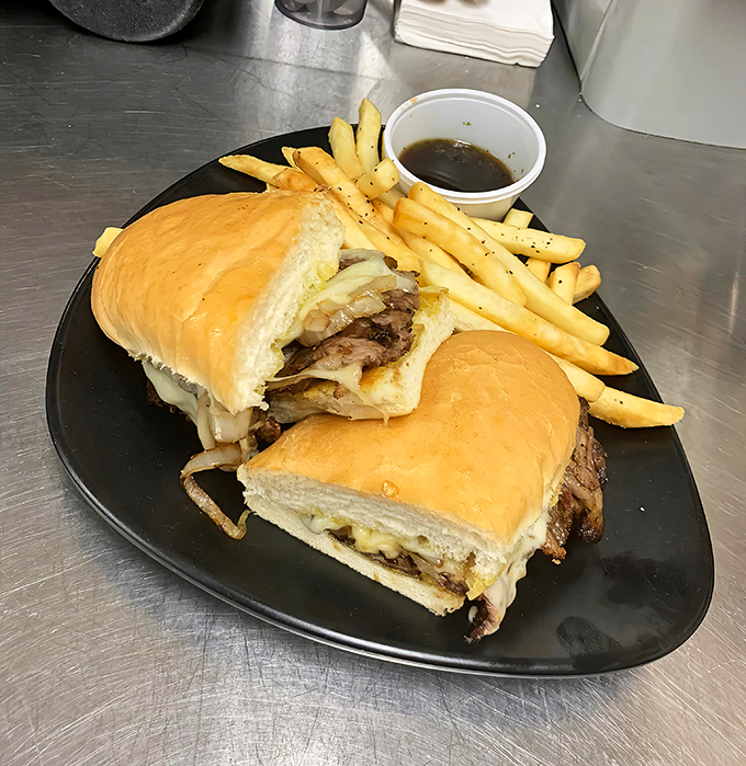 A French dip that would make Philadelphia jealous &ndash; tender beef, melted cheese, and a roll that's somehow both soft and sturdy enough for dipping.
