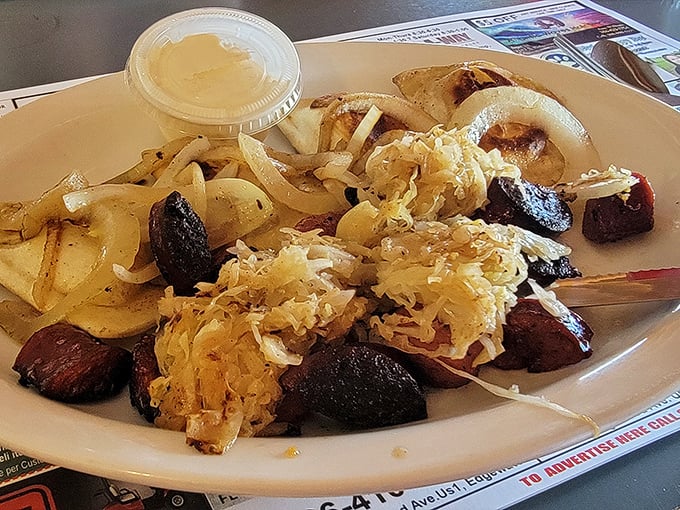 A plate that doesn't mess around&mdash;hearty sausage, sauerkraut, and potatoes that fuel Florida locals and make snowbirds extend their stay.