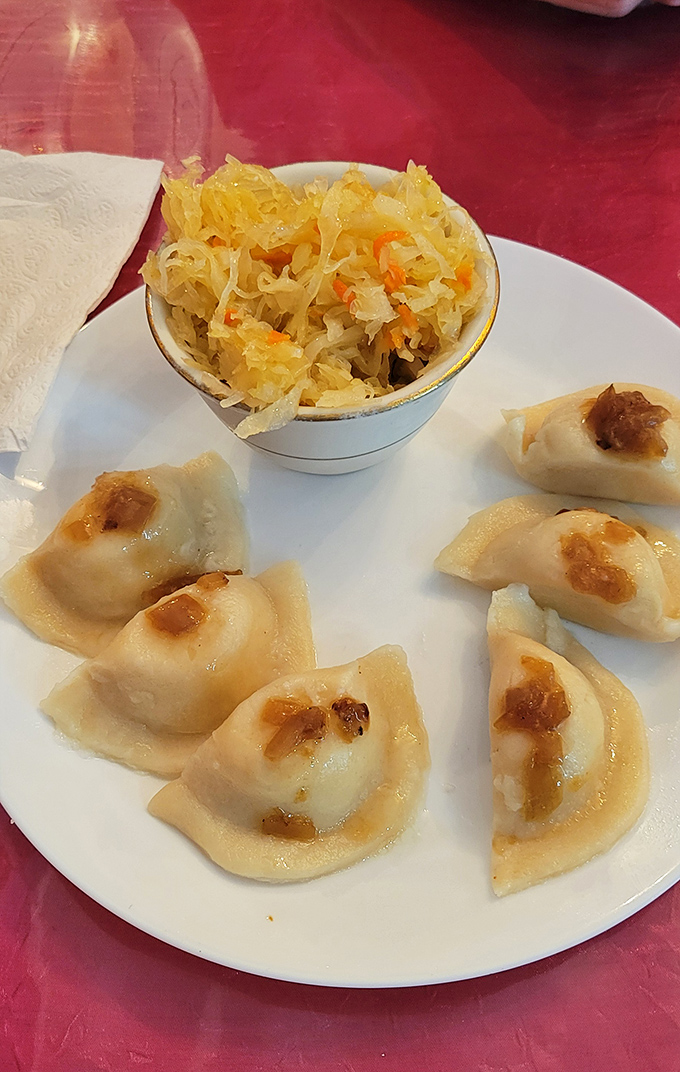 Pan-fried pierogi arrive golden and gorgeous, proving that dumplings are indeed the international language of love and happiness.