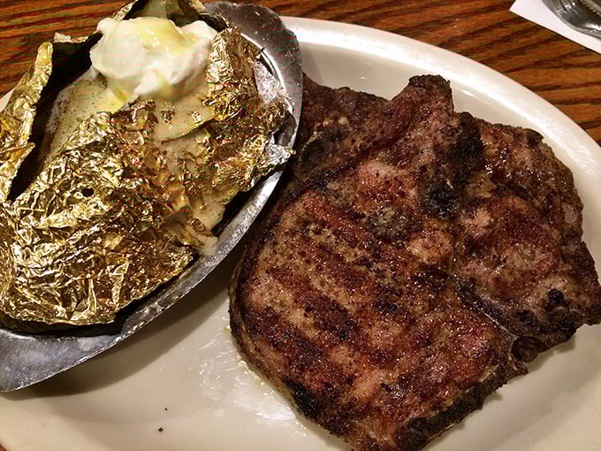 A perfectly grilled pork chop with those coveted grill marks tells you everything you need to know about the kitchen's commitment to proper fire management.