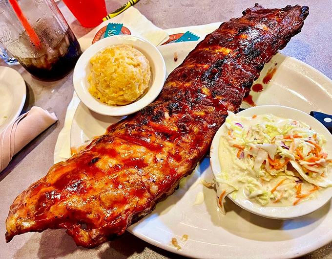 A full rack of ribs that makes you wonder if you should have worn your "eating pants" today. The coleslaw provides a crisp counterpoint.