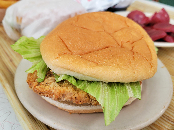 The breaded pork tenderloin sandwich arrives like a golden frisbee of joy, engineering marvel meets lunchtime perfection on a bun.