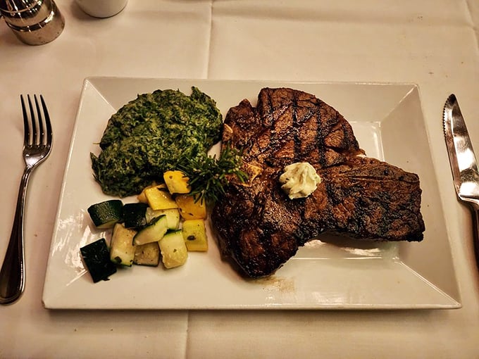 The porterhouse arrives like a meaty masterpiece &ndash; part filet, part strip, all delicious &ndash; with creamed spinach that puts steakhouse side dishes in the spotlight where they belong.