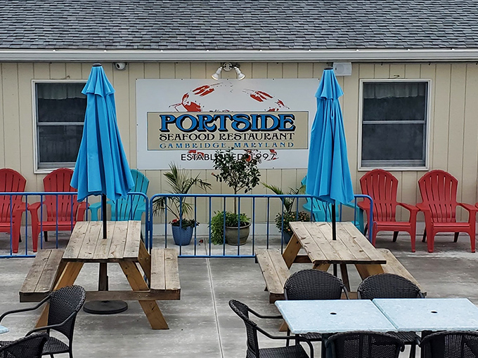 Portside's colorful Adirondack chairs practically beg you to sit down with a cold drink and hot crab cake while watching the Choptank River flow by.