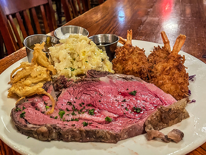 Prime rib so perfectly pink it deserves its own Instagram account. Those coconut shrimp companions aren't just sidekicks&mdash;they're co-stars.