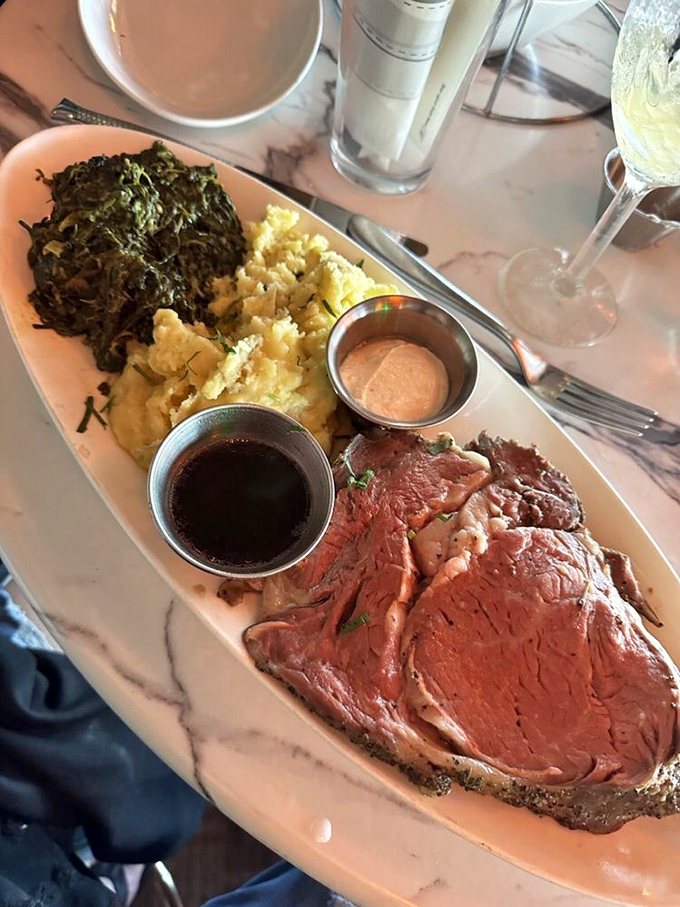 Prime rib so perfectly cooked it practically poses for the camera, accompanied by sides that know their supporting role but still manage to shine.