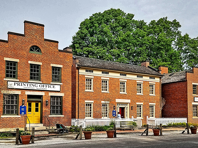 The Printing Office's bright yellow door practically shouts "come in and see how news traveled before Twitter!" Brick buildings that have witnessed more history than most history books.