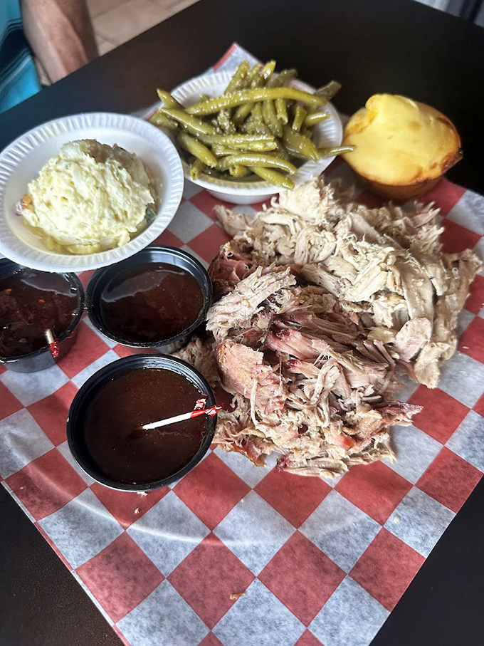 Pulled pork in its natural habitat, surrounded by sauce sentinels and proper sides. This is what happiness looks like on a red checkered tablecloth.
