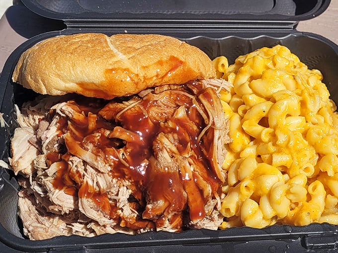 The pulled pork sandwich with mac and cheese is the culinary equivalent of a warm hug from your favorite aunt.