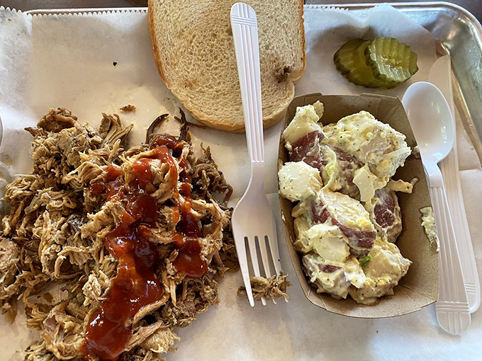 Pulled pork that surrenders at the mere sight of a fork, paired with potato salad that grandmothers everywhere would approve of. 