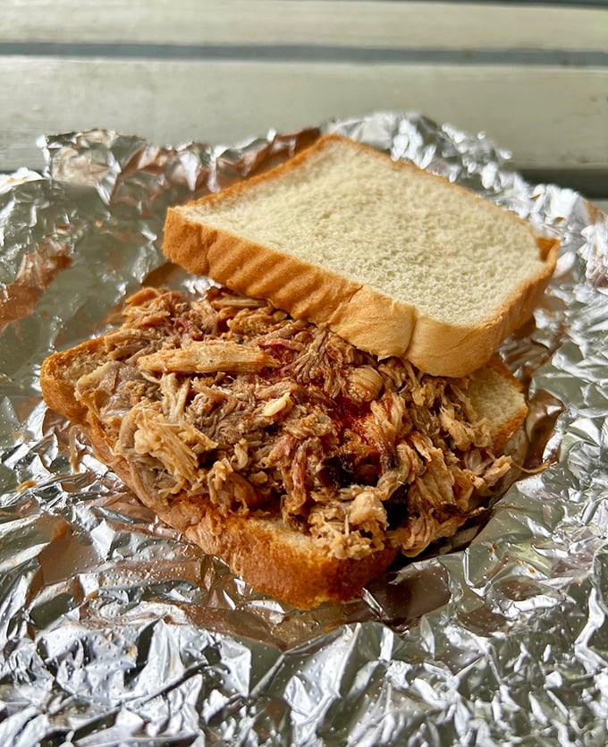 The open-faced sandwich reveals the truth &ndash; barbecue this good doesn't need fancy presentation, just enough bread to get it from the foil to your mouth.