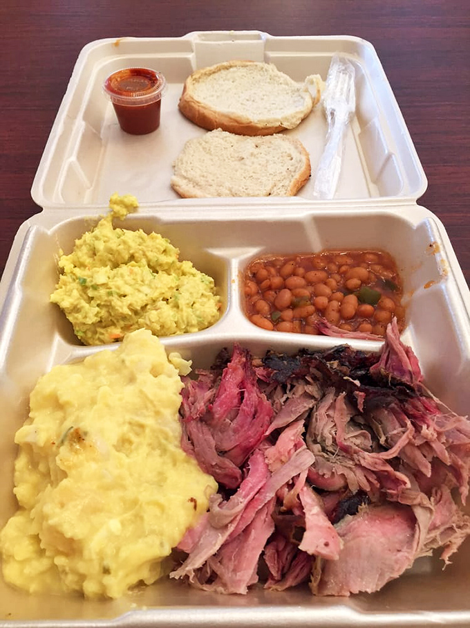 A pulled pork plate that makes you question why you ever bothered with fancy restaurants. The potato salad and beans are just showing off.