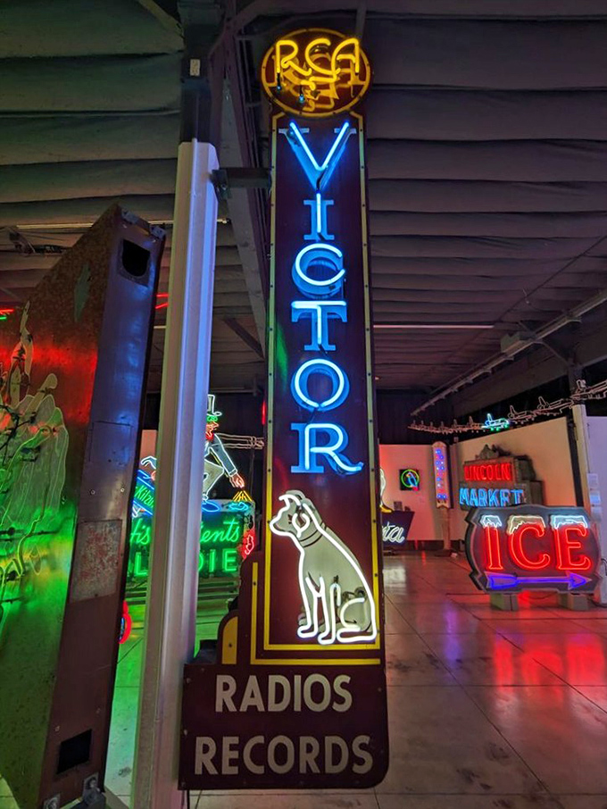 The RCA Victor sign, complete with the iconic Nipper the dog, stands as a glowing reminder of when music came from speakers, not earbuds.