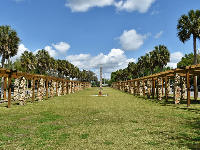 Ravine Gardens State Park's symmetrical walkways lined with coquina stone columns create a grand entrance to one of Florida's most unexpected natural treasures.