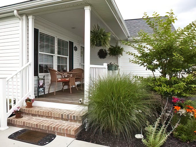 Front porch perfection with rocking chair potential&mdash;the kind of entrance that practically demands you slow down and stay awhile.