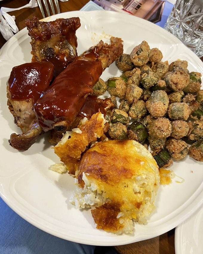These ribs aren't just falling off the bone&mdash;they're practically jumping onto your fork. Paired with fried okra and cheesy potatoes, it's a Southern trifecta.