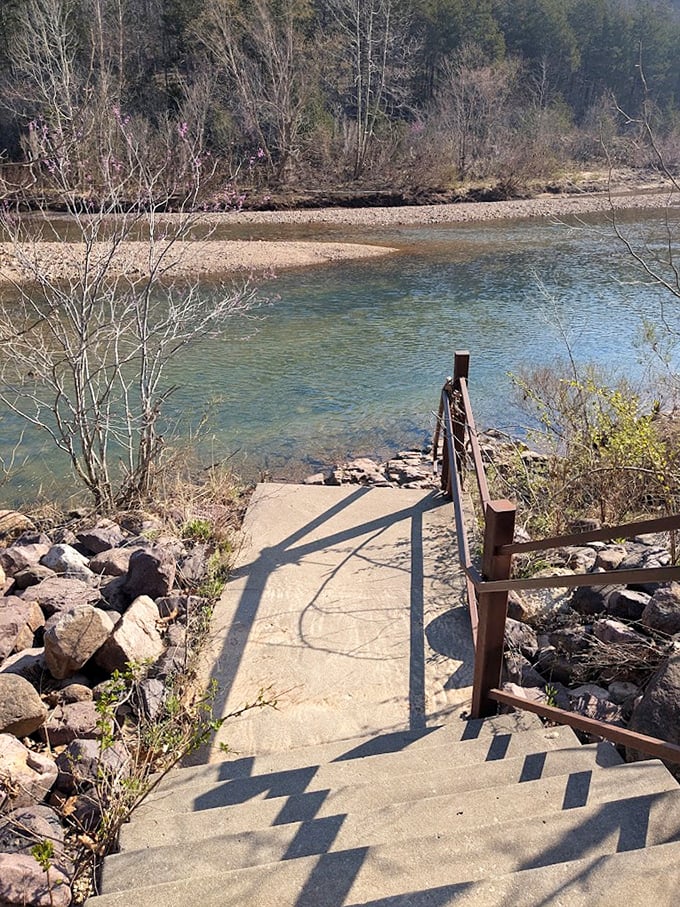 Steps leading to adventure! This accessible pathway guides visitors to the clear waters of the Black River, where natural wonders await.