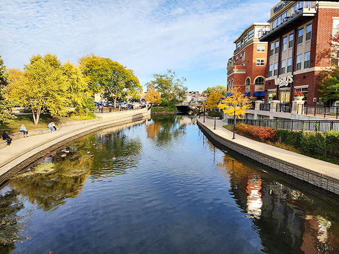 Naperville's Riverwalk transforms urban living into a postcard moment, where reflections in the water double the autumn color show for free.