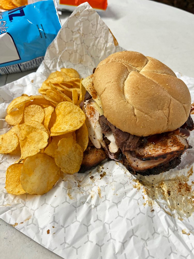 What this sandwich lacks in vertical height, it makes up for in horizontal happiness. The chips aren't a side&mdash;they're moral support. 