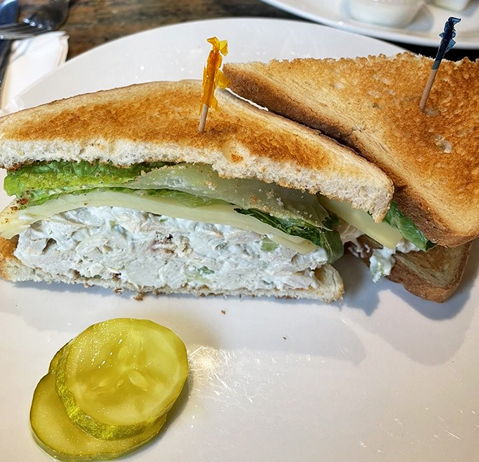 Between two perfectly toasted slices lies the architectural wonder of a proper diner sandwich &ndash; sturdy, generous, and requiring a strategic first bite.