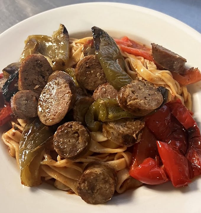 Pasta with sausage and peppers &ndash; where fennel-flecked meat and sweet peppers find their soulmate in perfectly cooked noodles.