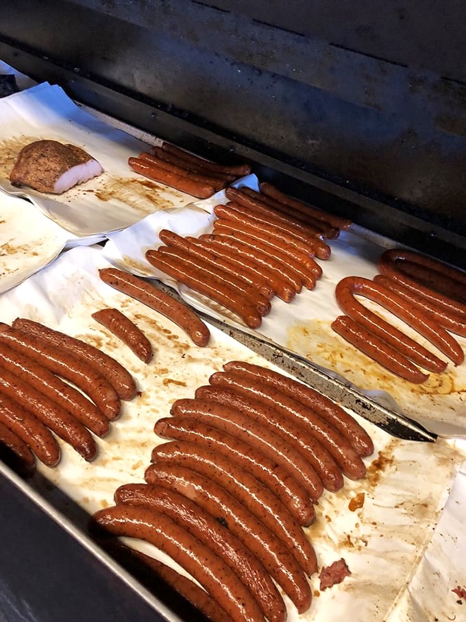 Sausage links lined up like soldiers ready for delicious duty. That snap when you bite in is the sound of happiness.