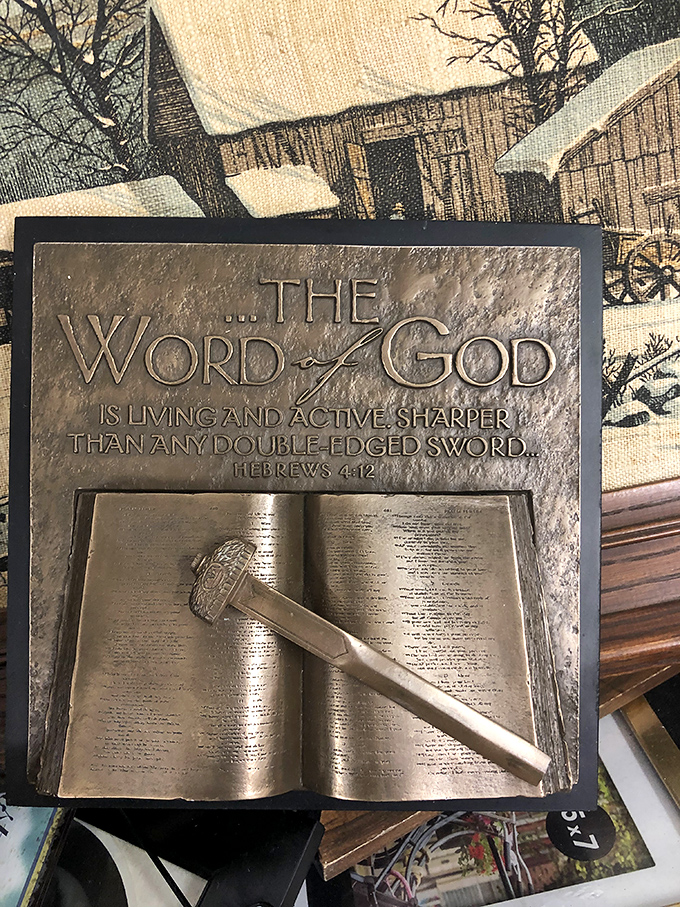 Religious artifacts and inspirational decor abound. That Bible verse plaque might be exactly what someone's been searching for to complete their gallery wall.