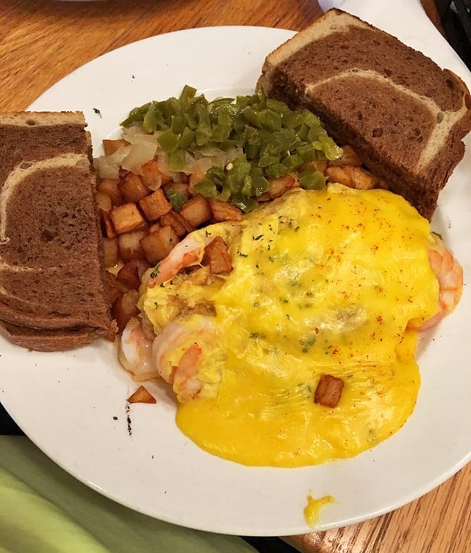 This seafood omelet doesn't whisper "good morning"&mdash;it belts it out with plump shrimp and a melody of perfectly melted cheese.