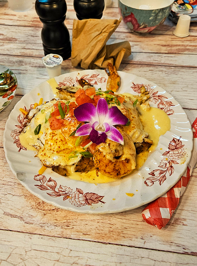 Breakfast reimagined as art. This seafood creation doesn't just break the fast&mdash;it shatters conventional morning meal expectations with coastal flair.