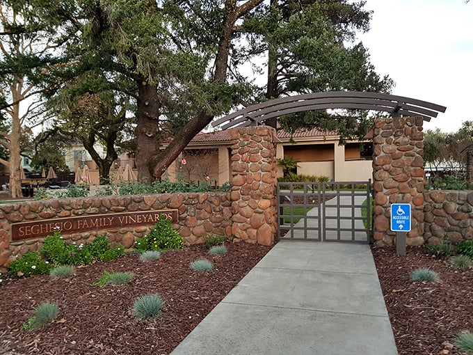 Seghesio's stone entrance promises wine epiphanies within. Like the vineyards themselves, good things require patience and a sturdy gate.