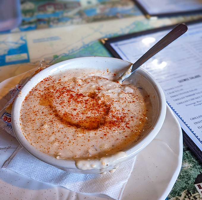 She-crab soup that's rich enough to make a millionaire jealous. That sprinkle of paprika isn't just garnish&mdash;it's the final brushstroke on a creamy masterpiece.