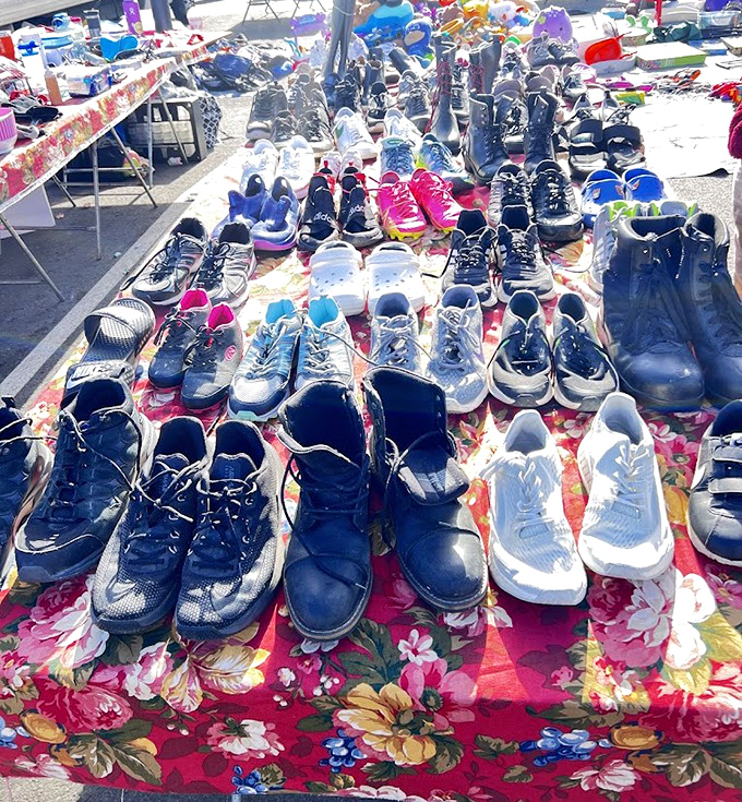 Footwear finds a second life on floral tablecloths, where one shopper's castoffs become another's "I can't believe I found these!" story.