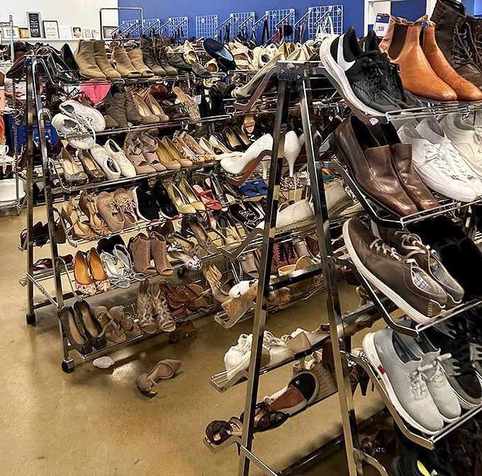 Footwear fantasyland where stilettos, sneakers, and sensible shoes coexist in harmony, waiting for their Cinderella moment with new owners.