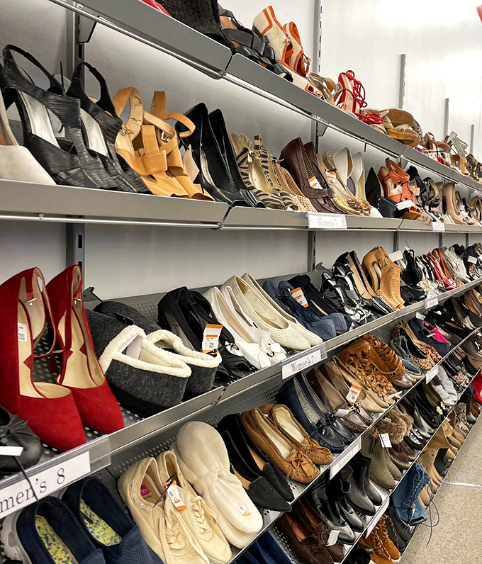 The shoe section displays a Cinderella-worthy collection where yesterday's splurges become today's steals, from practical flats to statement heels.