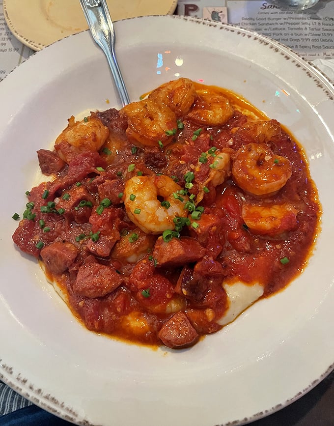 Shrimp and grits that would make a Southern grandmother weep with joy. That rich tomato sauce should have its own fan club.