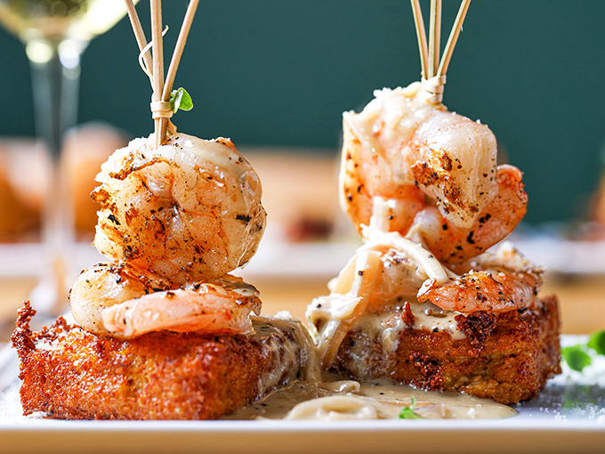 Shrimp doing handstands on toast points, because sometimes dinner needs a little theatrical flair to keep things interesting.