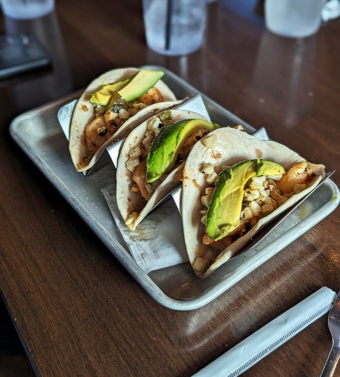 Shrimp tacos that demand to be photographed before eaten&mdash;the avocado slices arranged with the precision of a Renaissance painting.