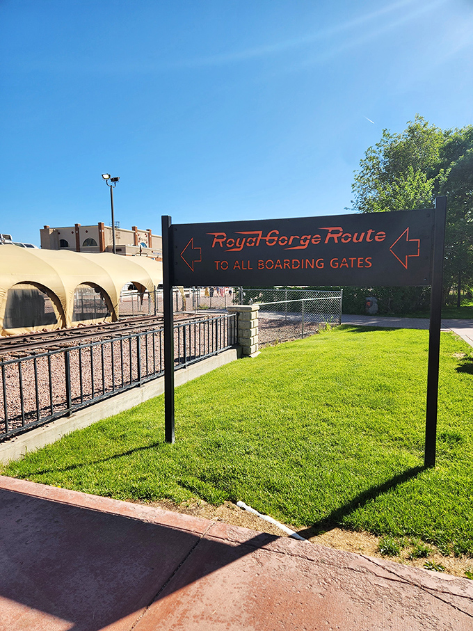 Follow the arrows to adventure! This unassuming sign marks the gateway to what might be Colorado's most spectacular rail journey.