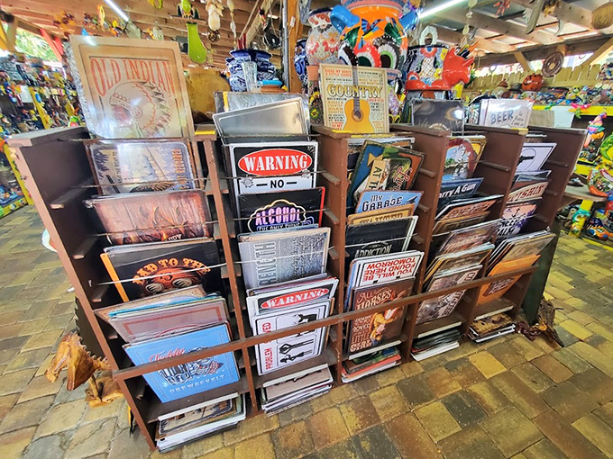 Vintage signs and nostalgic advertisements create a time-travel experience, each metal placard a portal to America's roadside past.