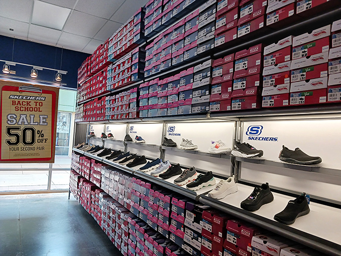 Wall-to-wall shoe boxes at Skechers create a monument to comfort that would make podiatrists everywhere nod in approval.