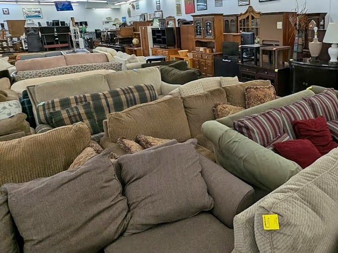 Couch paradise! Like a living room showroom where everything costs less than your monthly coffee budget. That corduroy sectional is calling your name.