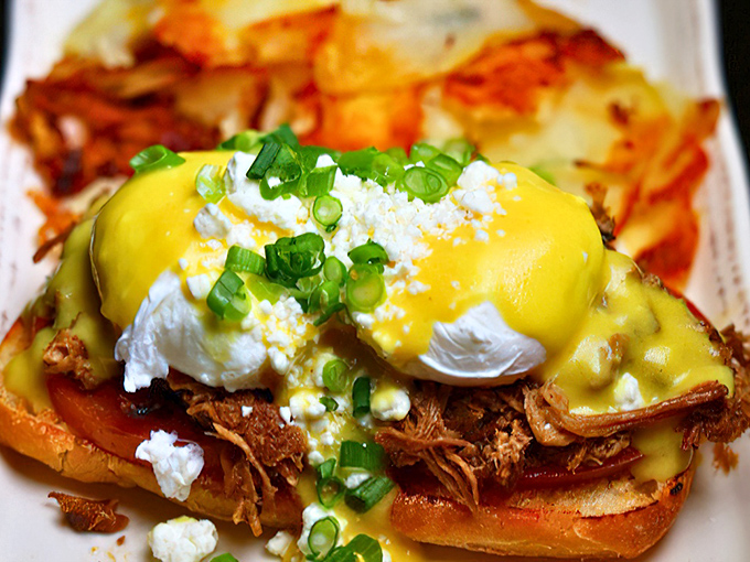 The Southwest Benedict performs a delicate balancing act&mdash;rich hollandaise cascading over perfectly poached eggs and pulled pork that would make any Texan nod in approval. 