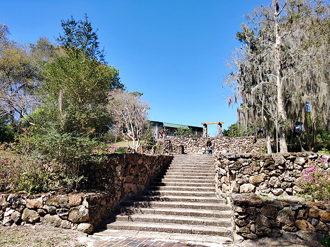 These stone steps have witnessed decades of visitors climbing toward panoramic views, each weathered edge telling stories of countless footsteps before yours.